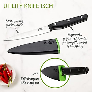 Wiltshire Staysharp Triple Rivet Utility Knife 13cm 5",Kitchen Knife with Built-in Sharpener,Keep Your Knife Sharp at All Times,Slim Design Scabbard,Ergonomic Triple Rivet Handle,10 Year Guarantee
