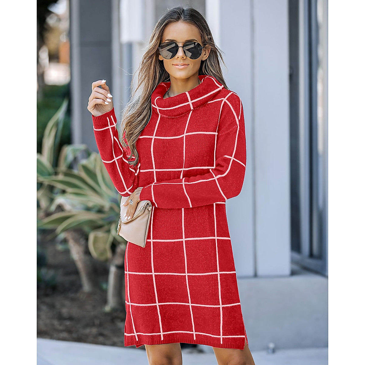 luvamia Women's Casual Turtleneck Knitted Sweater Long Sleeves Grid Warm Comfy Pullover Sweater Dress Womens Long Sleeve Dresses Christmas Dresses for Women Luscious Red Size Medium Size 8 Size 10