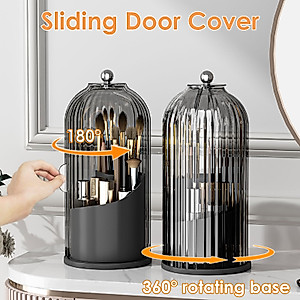 YOOLENS Makeup Brush Holder with Lid 360 Rotating Clear Dustproof Make Up Organizers for Vanity Bathroom Countertop, Black