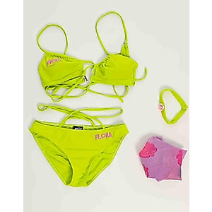 Winx Club Women's Flora Two Piece Bikini Set Swimsuit with Sarong and Choker Bathing Suit (Small) Yellow