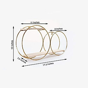 BalsaCircle Backdrop Stand Gold Natural 2 Tier Round Metal Wood Geometric Floating Shelf Party Wedding Reception Decorations Supplies, Natural and Gold, 18