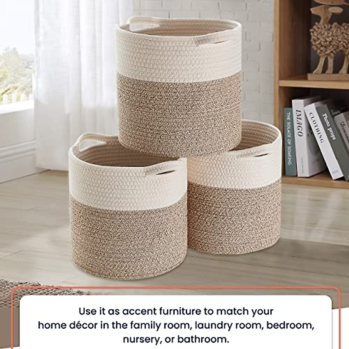 Ornavo Home 3 Pack Woven Cotton Rope Storage Shelf Basket with Handles, Closet Shelf Storage Fits 12" inch Cube - 11x11x11 - White/Beige