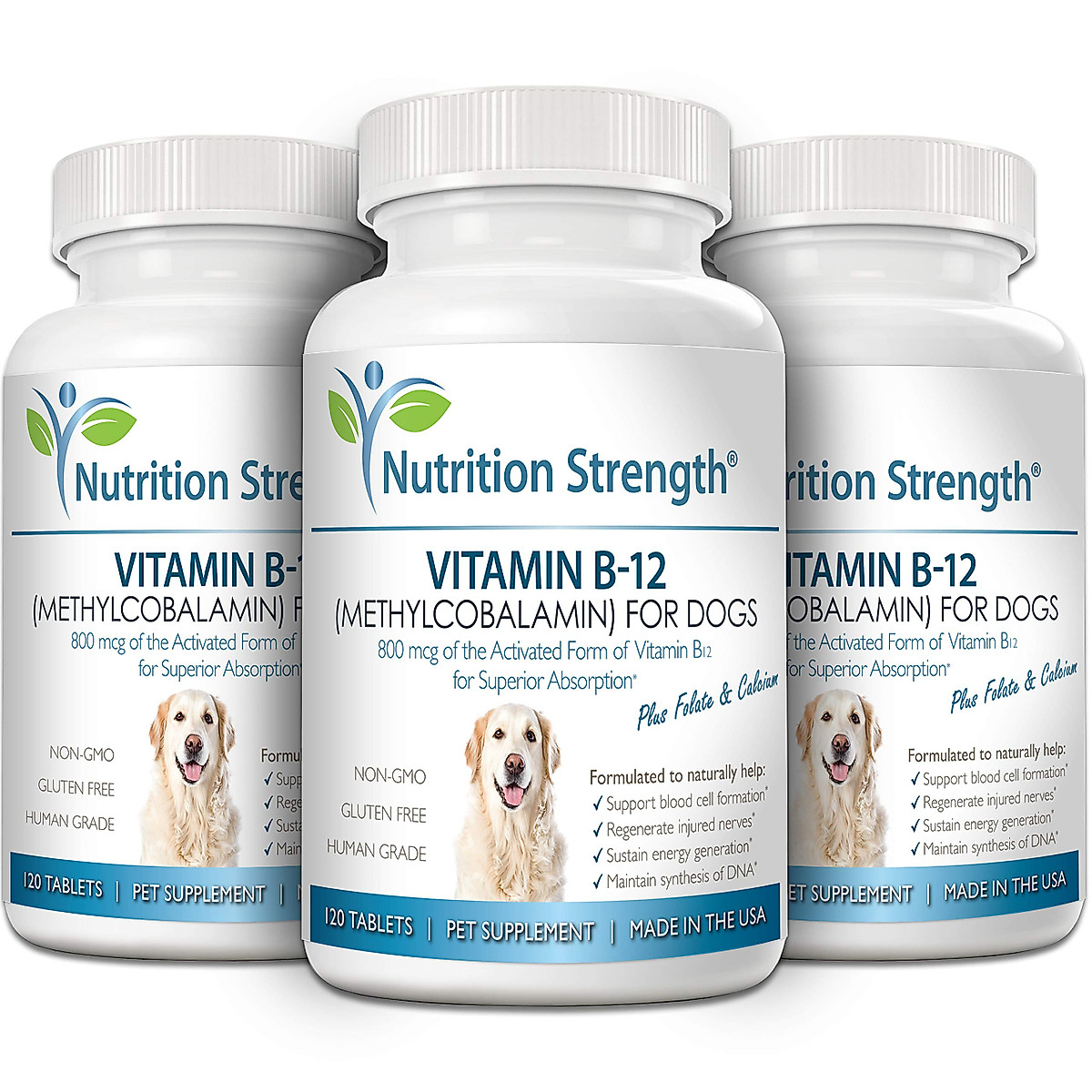 Nutrition Strength Vitamin B12 for Dogs Plus Folate & Calcium, Support the Nervous System & Blood Cell Formation, Help Sustain Cellular Energy Generation & Maintain DNA Synthesis, 120 Chewable Tablets
