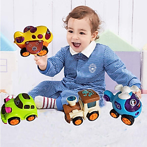 Himeeu Set of 4 Push and Go Friction Powered Vehicles,Toys Train Helicopter Airplane Car, Inertia Car Toys for Toddlers,Construction Vehicles