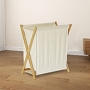 Bellglee Collapsible Bamboo Wood Laundry Hamper, Wooden X Frame Foldable Laundry Basket, Clothes Sorter Organizer with Linen Canvas Laundry Bag for Bedroom or Bathroom