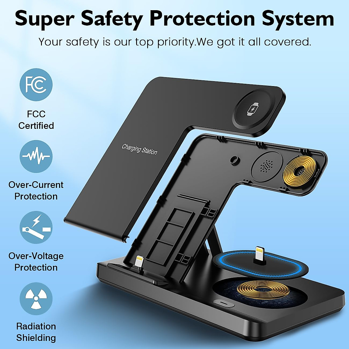 Charging Station for iPhone Multiple Devices, Foldable 3 in 1 Fast Charging Stand Dock for AirPods & iPhone 14 13 12 11 Pro X Max XS XR 8 7 Plus 6, Apple Watch Charger for Apple Watch with Adapter