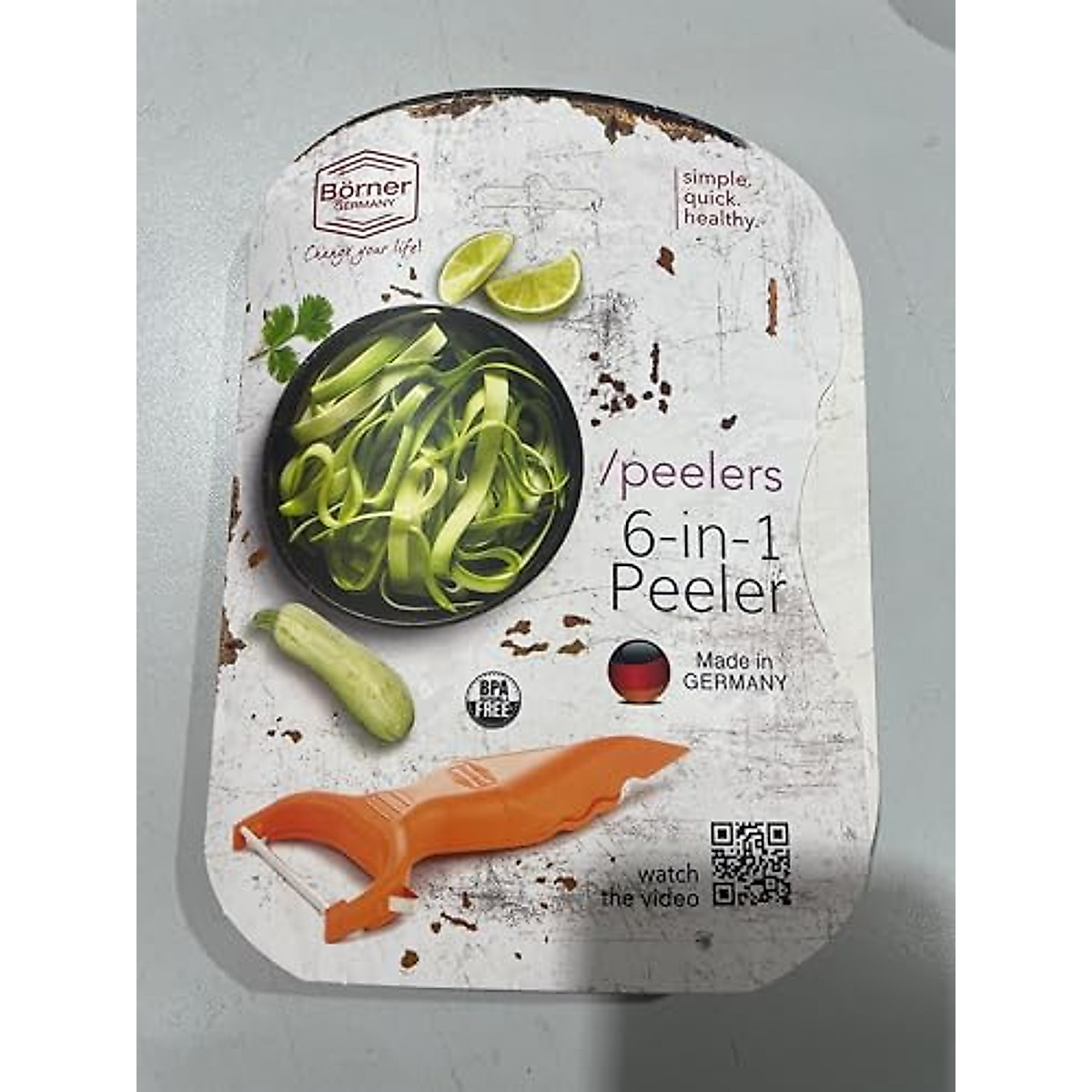 Börner Vegetable Peeler (6-in-1) • Garnishing Peeler with Grater • Multifunctional Peeler for Fruits & Vegetables • Fruit Peeler, Universal Peeler, Potato Peeler • Color: Red