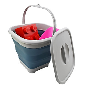 SAMMART Collapsible Square Handy Bucket with Handle & Lid 5.5L (1.4 Gallon) -Foldable Square Water Pail - Portable Tub for Fishing, Camping, Outdoor and Home (Grey/Steel Blue, 1)