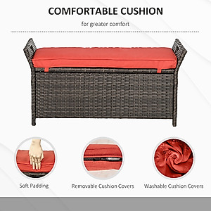 Outsunny 27 Gallon Patio Wicker Storage Bench, Outdoor PE Rattan Patio Furniture, 2-in-1 Large Capacity Rectangle Garden Storage Box with Handles and Cushion, Red