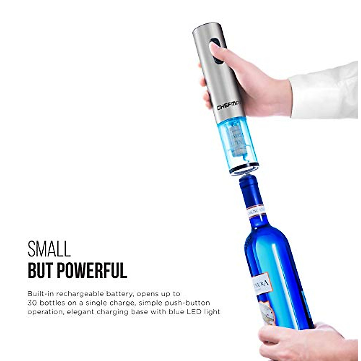 Chefman Electric Wine Opener W/ Foil Cutter, One-Touch, Open 30 Bottles On Single Charge, Automatic Corkscrew & Foil Remover, Rechargeable Battery, 110 Watts, 120 Volts