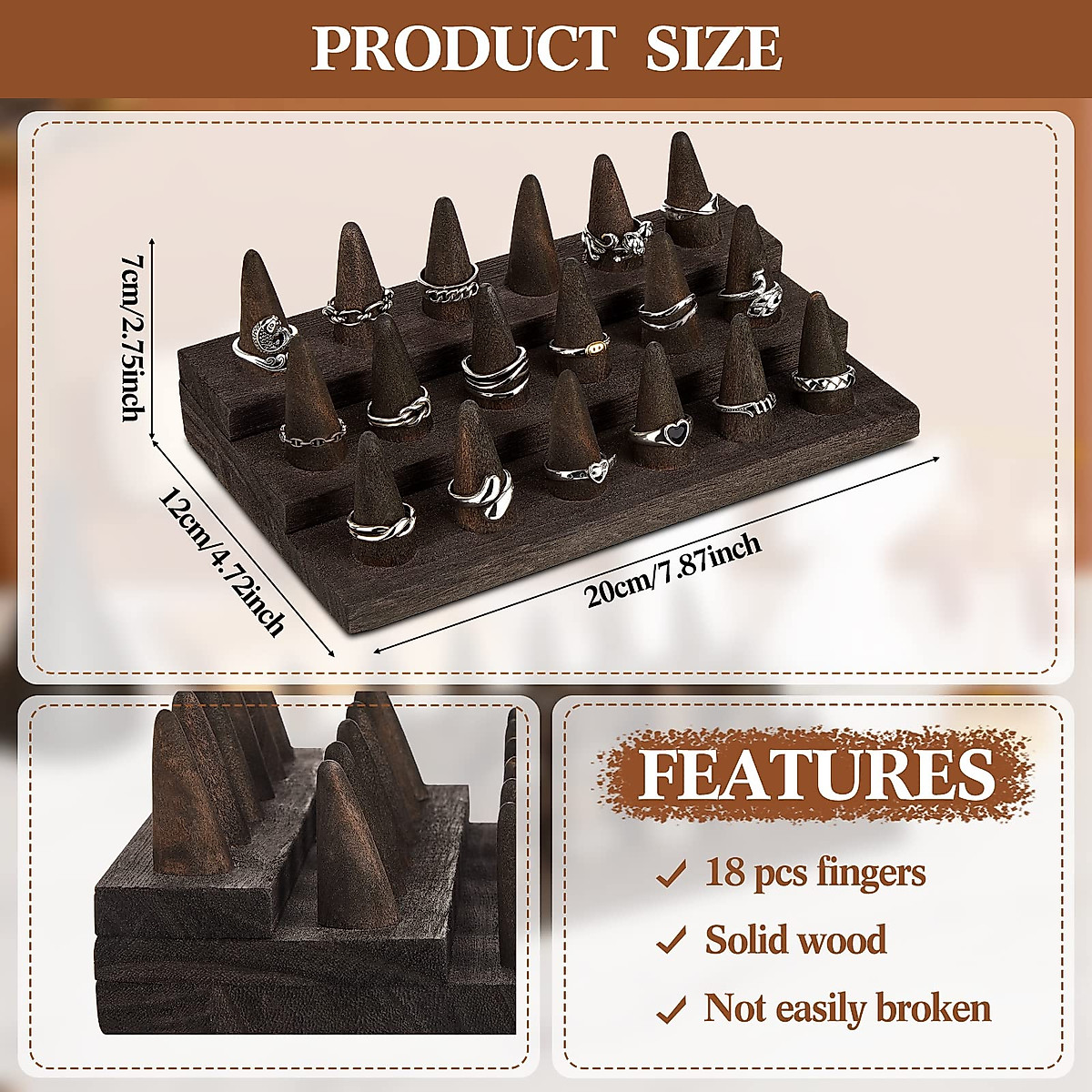 Juexica 18 Fingers Wood Ring Display Wooden Finger Ring Stand for Selling Jewelry Display Holder Showcase for Storage(Black Gray)