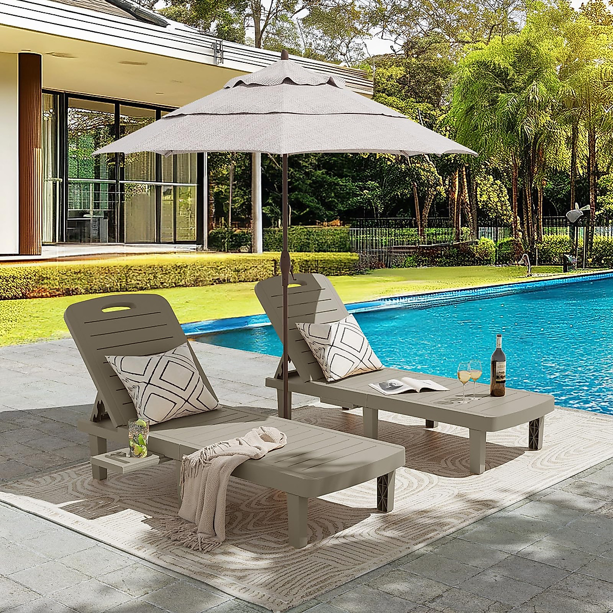 VONZOY Oversized Outdoor Chaise Lounge Chairs Set of 2，Patio Lounge Chair with Adjustable Backrest, Pool Chaise Lounge with Cup Holder, Resin Chair for Poolside, Beach, Garden and Yard - Grey