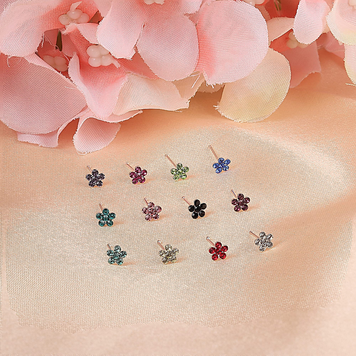 IRONBOX 12Pcs 22G Nose Studs for Women Men 925 Sterling Silver Inlaid 3MM Round Heart Flower Austrian Cubic Zirconia Nose Rings Stud Multicolor Nose Body Piercing Jewelry with Box