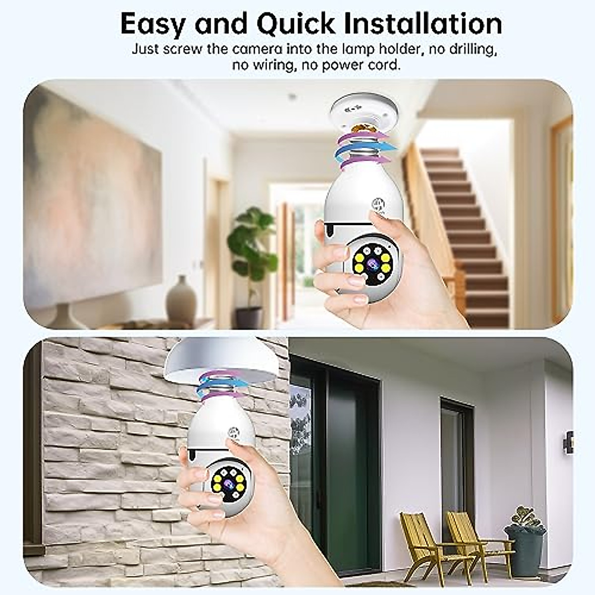 JOOAN 5G Light Bulb Security Camera, 360 Wireless Bulb Indoor Camera, 2K WiFi Camera for Home Security, Cloud & SD Card Storage, Color Night Vision, Smart Motion Detection, Sound Alarm