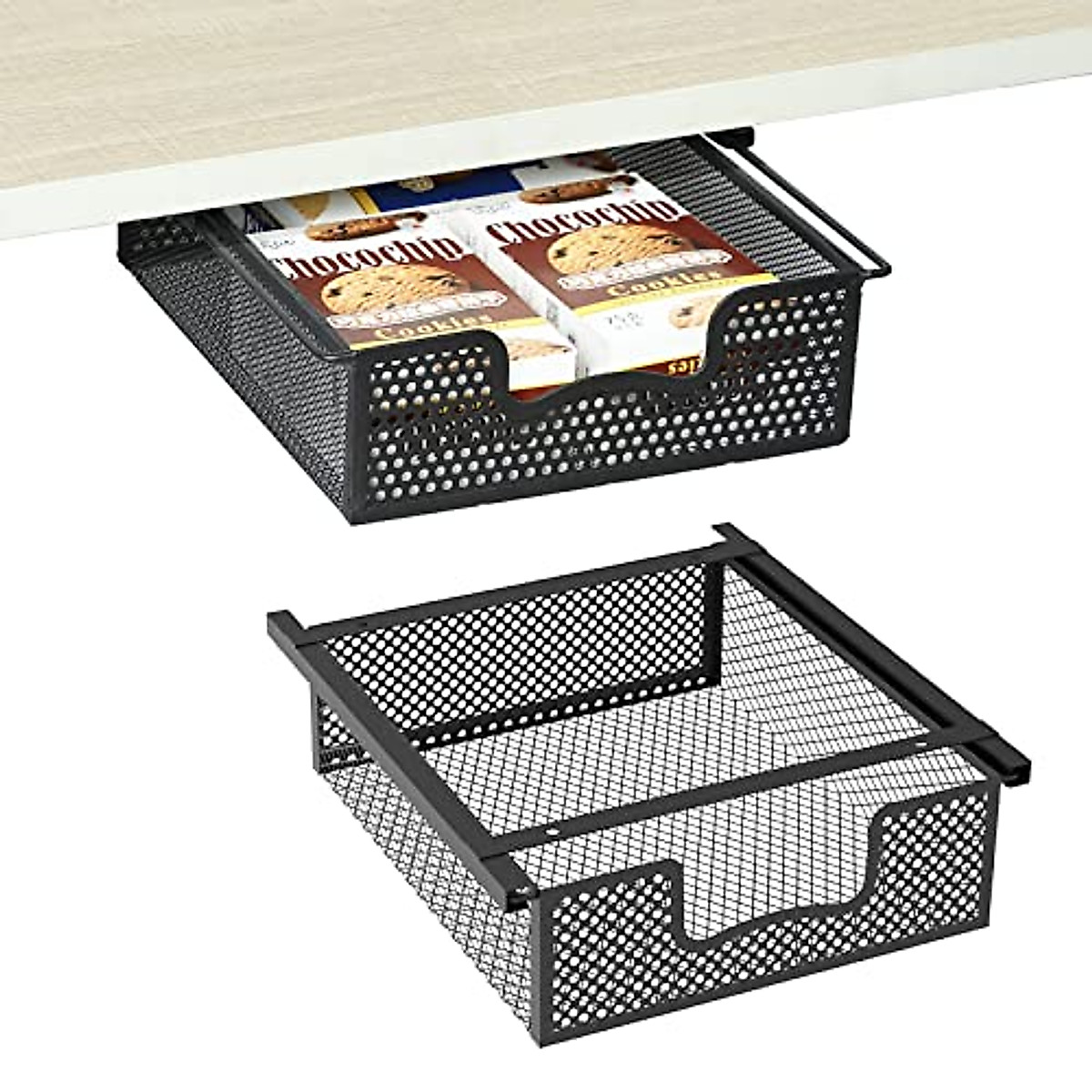2 Pack Hanging Pullout Drawer Basket, Sliding Under Storage Organizer, Under Shelf Baskets Under Cabinet Organizer Shelf Under Desk for Kitchen Pantry Cabinet, Attaches to Shelving, Black