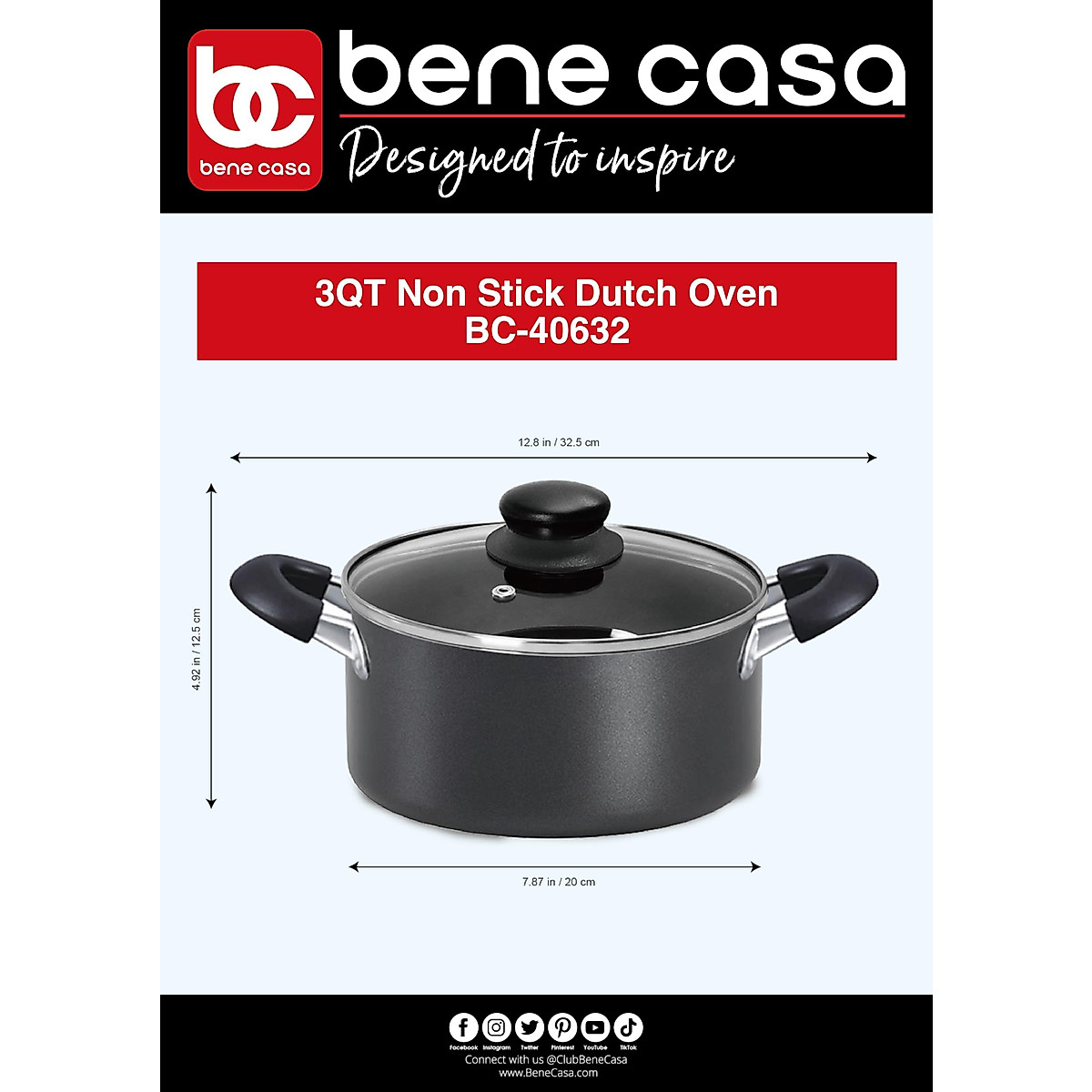 Bene Casa3-Quart Nonstick Dutch Oven Aluminum, Ventd Glass Lid, Stay-Cool Handles, Dishwasher Safe, Perfect for Simmering and Slow Cooking