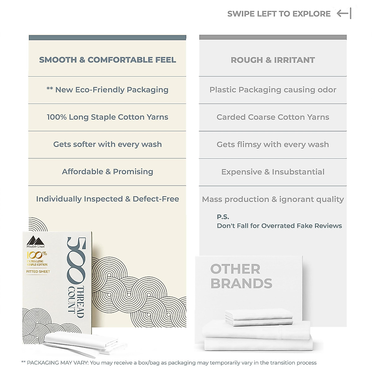 Mayfair Linen 100% Cotton Fitted Sheet Twin Size - 500 Thread Count 16" Deep Pocket Twin Fitted Sheet Only, Soft Cooling Sateen Weave Elastic Bottom Sheet, Fits College Dorm Mattress, Teens - White