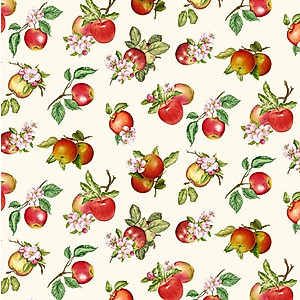 Timeless Treasures Orchard Valley Red Apples with Leaves and Flowers on Cream Cotton Fabric by The Yard, CD2863-CREAM