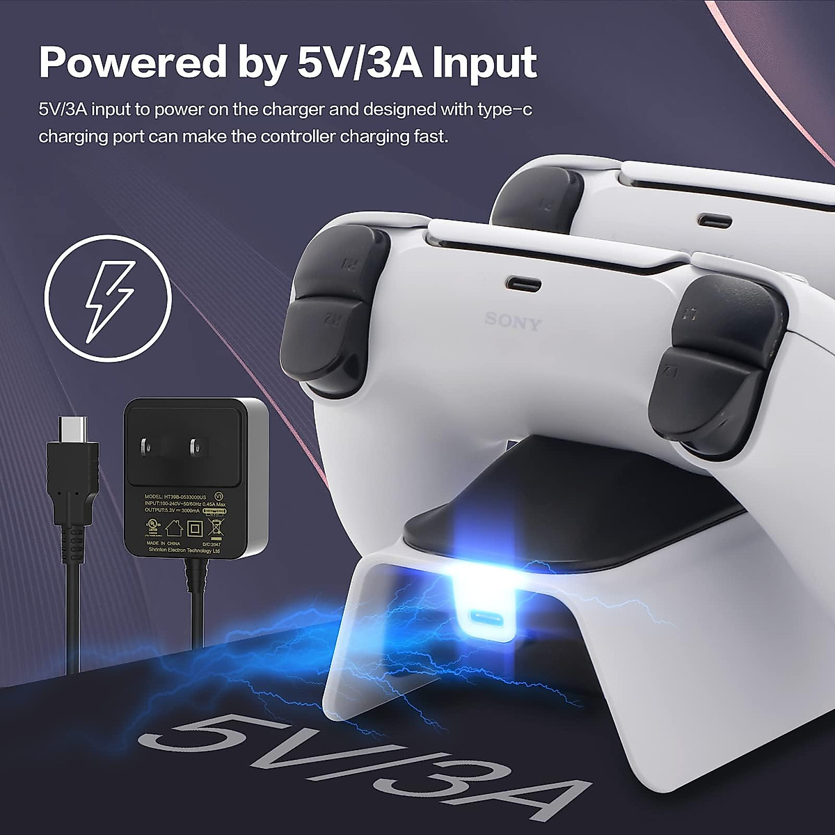 PS5 Controller Charger Station, Dualsense Charging Station for PlayStation 5 with 5V 3A AC Adapter