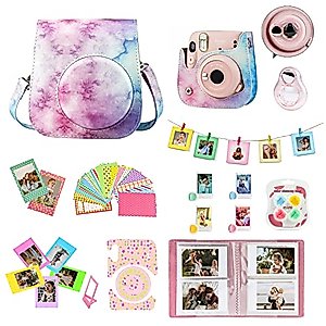 WOGOZAN for Fujifilm Instax Mini 11 Instant Film Camera Case + Album for Mini 3 Inch Film + Accessories Kit, Color Filters, Photo Album, Selfie Lens + More (Blue-Pink Watercolor)