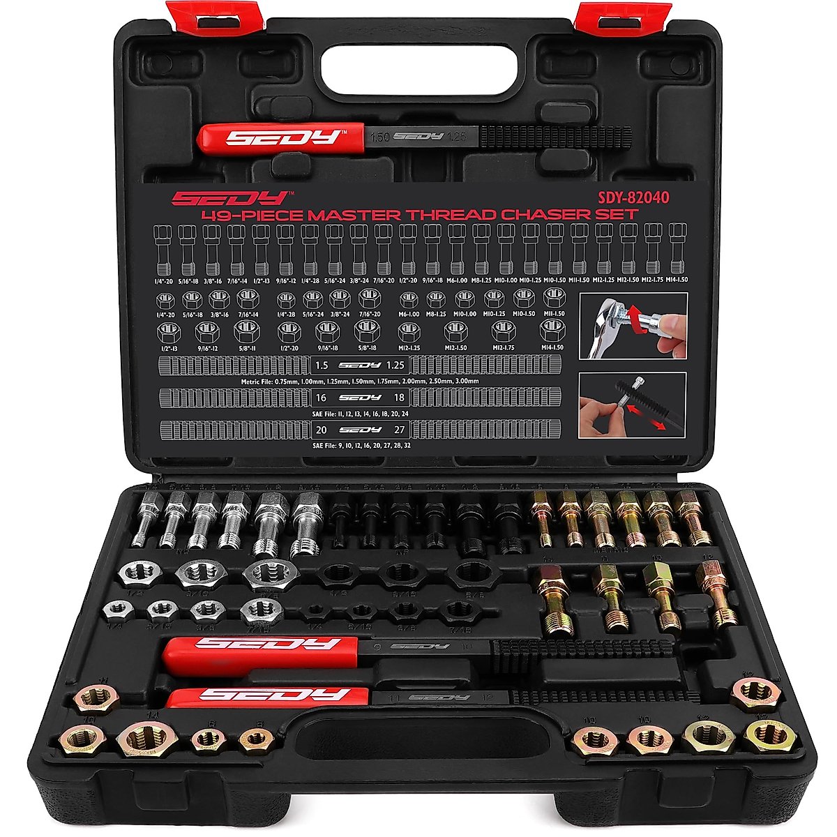 Thread Repair Thread Chaser Tool Set - 49PCS Thread Cleaner Rethreading Master Kit Metric SAE Bolt Restorer File Nut Rethreader Automotive Wheel Stud Spark Plug Engine Standard Screw Threading UNC UNF