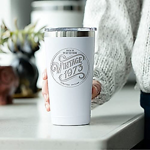 Sodilly Coffee Tumbler - Vintage 1973 Design - Ideal for 50th Birthday Celebrations - 50th Birthday Cups for Women - Vintage Tumbler - 50 Fabulous - Insulated Stainless Steel Tumbler - 16 oz White