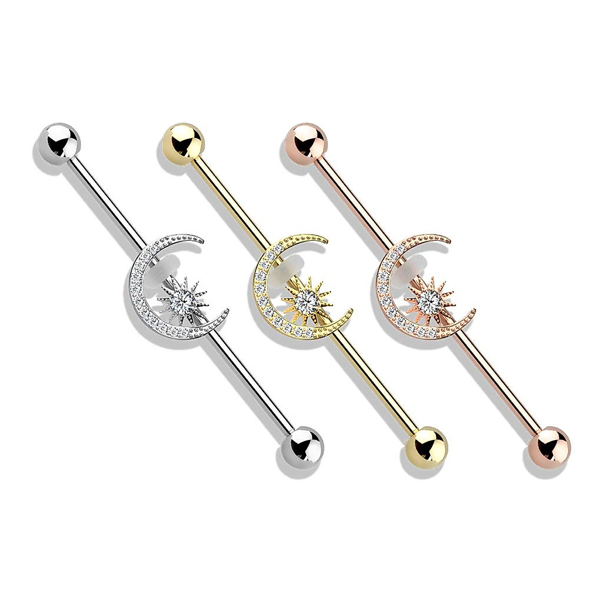 Pierced Owl CZ Crystal Paved Crescent Moon and Star Stainless Steel Industrial Barbell (Silver Tone)