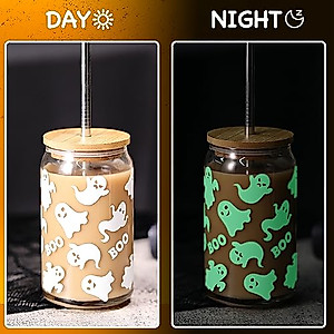 Nefelibata Halloween Ghosts Beer Can Glass Fall Iced Coffee Glass 16 OZ Spooky Season Glass with Lid Metal Straw And Cleaning Brush October Boo! Drinking Cup Gifts for Him Her