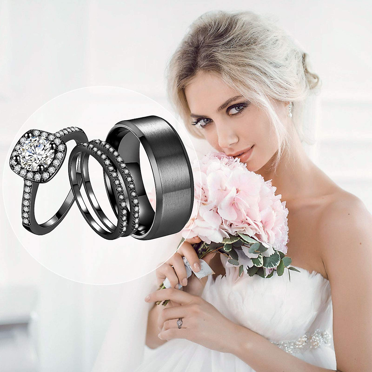 Ahloe Jewelry CEJUG 2Ct 18k Black Gold Wedding Ring Sets for Women and Men Hers His Titanium Bands Stainless Steel Couple Rings Cz Size 10&7