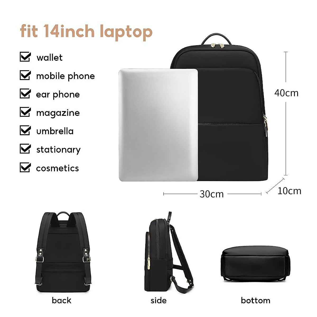 FULL DESIGN Travel Laptop Backpack for Women, 14 inch Water Resistant Computer Backpack, Fashion Daypack Shoulder Bag for Work School (Black)