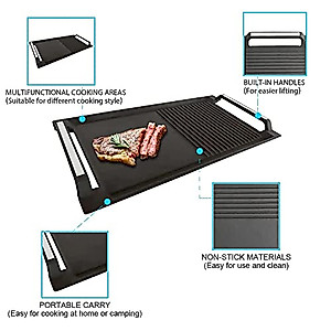 COVERCOOK Griddle Pan, Cast Iron Grill Hot Plate, Rectangular Grill, 2 handles with Flat and Ridged Surface for Induction Electric Cooktop，16.7 x 9.1inch