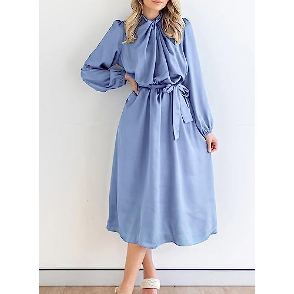 Dokotoo Women's Long Sleeve Satin Dresses Spring Mock Neck Keyhole Elastic High Waist Wedding Guest Evening Party Midi Dress Sky Blue Medium
