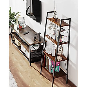 FURNINXS Ladder Shelf Bookcase, Bookshelf 4 Tier, Industrial Standing Shelf Storage Rack Storage Organizer Plant Stand, Steel Frame Book Shelf for Living Room/Bedroom/Kitchen/Bathroom - Red Brown