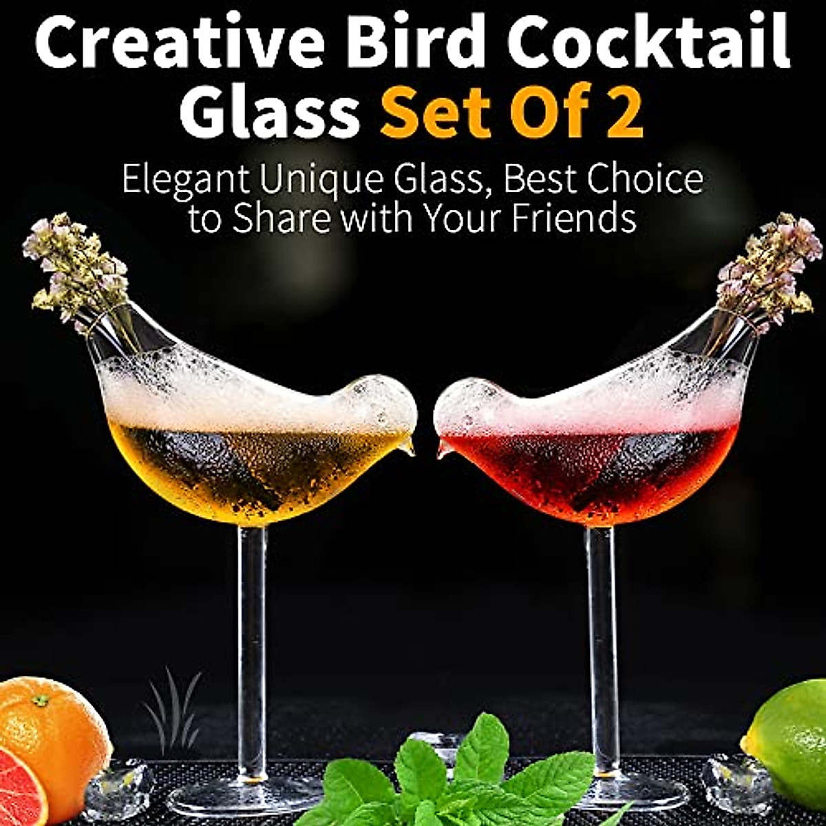 SuproBarware Cocktail Glass - Bird Glass Clear Wine Glasses Set of 2 Goblet Beverage Glass 5 Ounce for Party Wedding