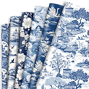 Vnaaem Chinoiserie Wrapping Paper 6 Pc Classic Chinese Landscape Vintage Blue White Floral Gift Wrap Paper for Girls Boys DIY Crafts Birthday Baby Shower Wedding Party Lunar Year,19.6 X27.8Inch