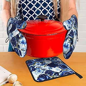 Blue Flower Floral Pattern Roses Oven Mitts and Pot Holders Setâ€“Ultimate Heat Resistant Set for Kitchen and Dining