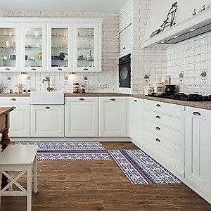 Native American Kitchen Rugs Set 2 Piece 15.7x23.6in+15.7x47.2in, Non-Slip Kitchen Mats Set Rubber Backing Indoor Entry Door Mat Carpets - Geometric Triangle Aztec Tribal Ethnic Style