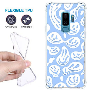 zaztify Phone Case for Samsung Galaxy S9 Plus, Pastel Light Blue White Funny Trippy Dripping Smile Melted Hippie Smiling Skull Ghost Face Cute Shockproof Protective Clear Cover Shell
