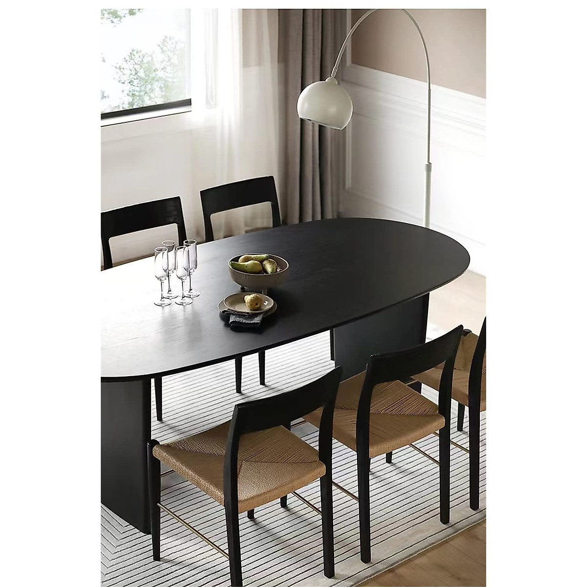 NIUYAO Modern Solid Oval Table with Double Pedestal, Natural Black Wood Top Table Simplicity Wabi-sabi Style Furniture for Dining Room Kitchen Leisure Coffee Table -47" L x 27.5" W x 29.5" H