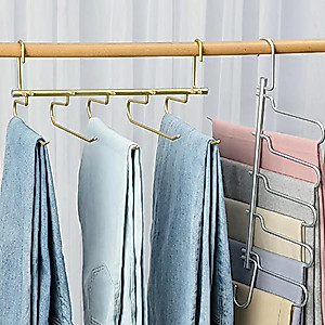Gold Aluminum Alloy Magic Pants Hangers Space Saving Closet Hangers 5 Layers 4 Uses Multi Functional Pants Rack Heavy Duty Wardrobe Organizer Racks for Jeans, Suit Pants， Towel (2 Pack)