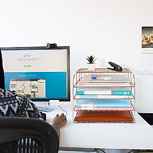 Spacrea Letter Tray, 4 Tier Rose Gold Desk Organizers and Accessories for Women, Stackable Paper Tray Organizer Desk File Organizer with 1 Upper Display Shelf (Rose Gold)