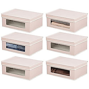 mDesign Fabric Stackable Slim Shelf Storage Organizer Box with Window/Attached Lid for Organizing Bedroom Closet - Holds Purses, Linens, Accessories - Jane Collection - 6 Pack, Pink/White