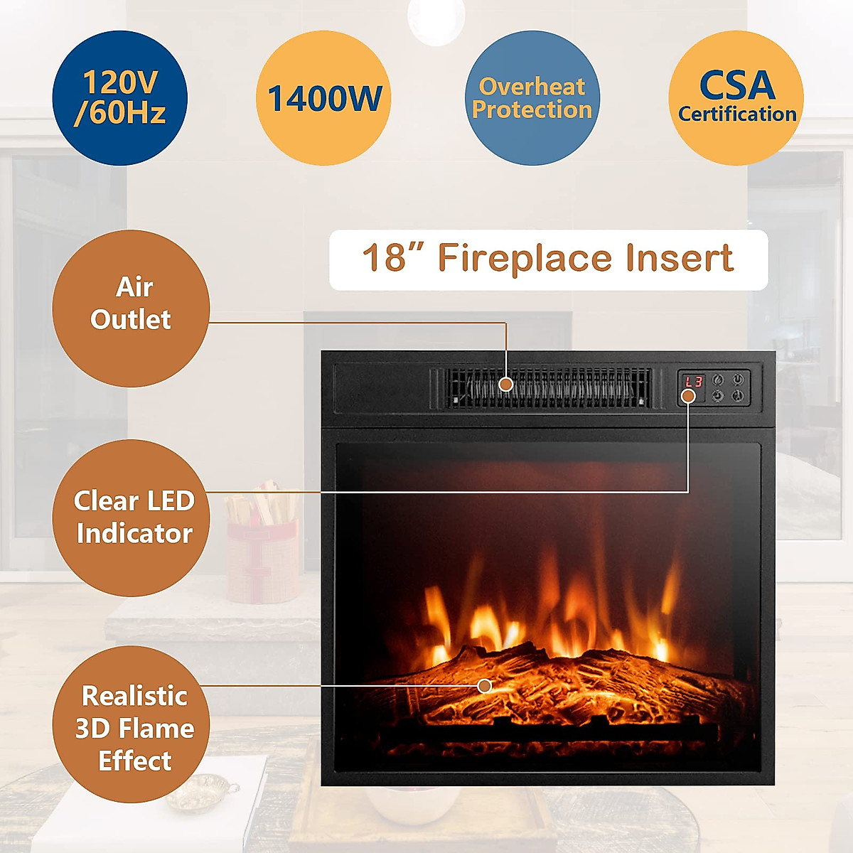 Tangkula TV Stand with 18 Inches Fireplace Insert, 58 Inches Fireplace TV Stand for TVs up to 65 Inches, 5,000 BTU Electric Fireplace with 3-Level Adjustable Flame, Remote Control and Timer (Brown)