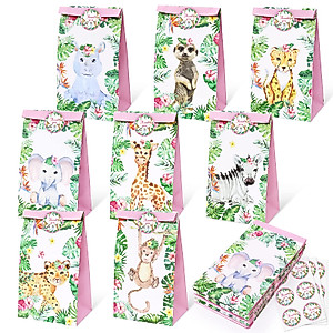 Safari Goodie Bags Jungle Party Favors Bags Pink Floral Wild Animals Treat Candy Gift Paper Bags with Thank You Stickers for Birthday Party Supplies Decorations Set of 24