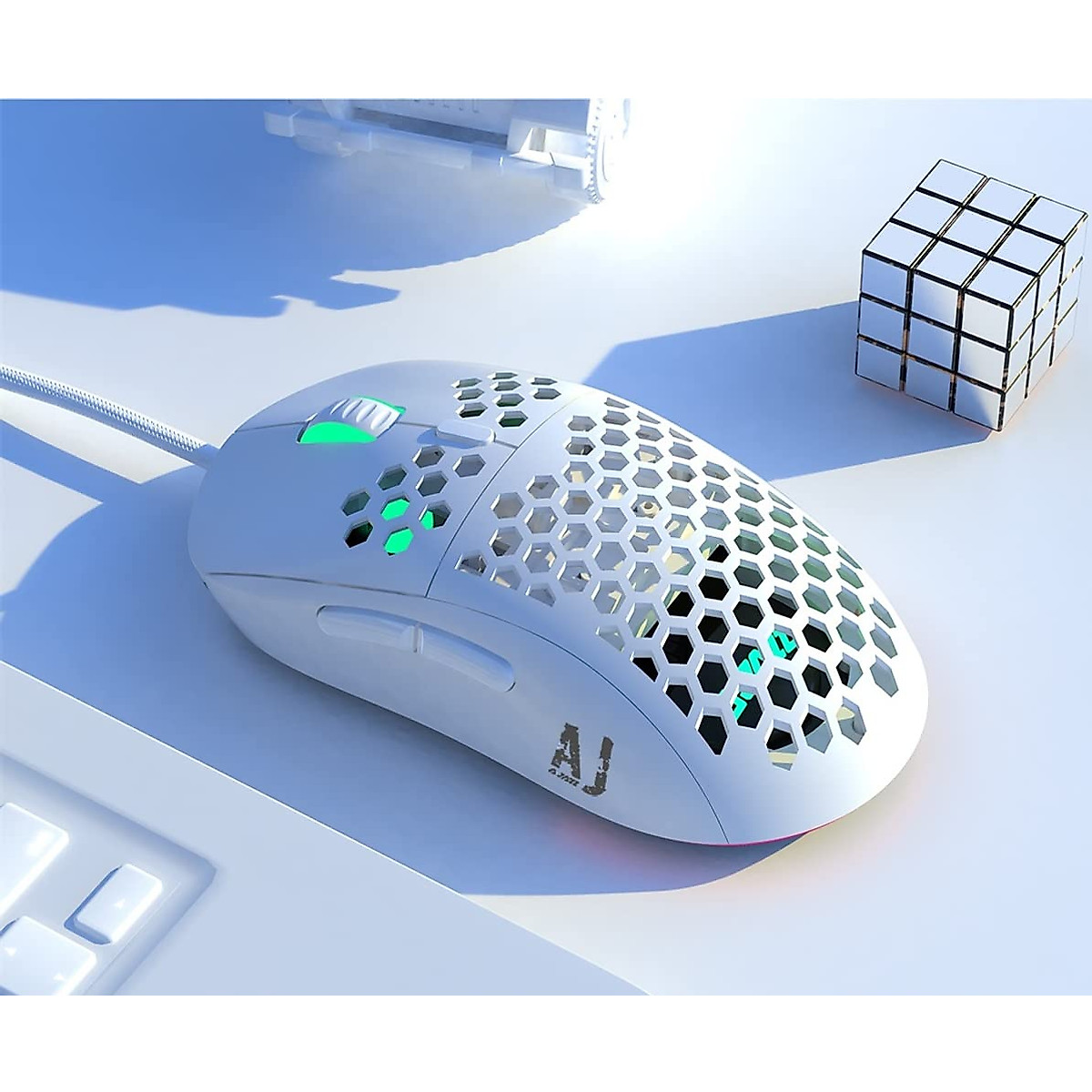 FIRSTBLOOD ONLY GAME. AJ380 69g Lightweight Gaming Mouse with Honeycomb Shell, RGB Backlit, 16000 DPI PixArt 3338 Sensor, Programmable 6 Buttons, White