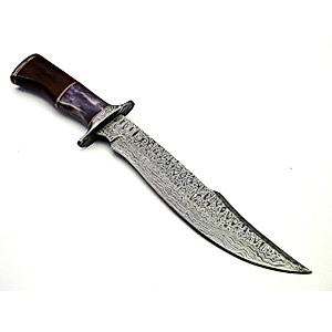 Nooraki BK-42 Handmade Damascus Steel Fixed Blade Bowie Knife with Leather Sheath, Full Tang Multipurpose Knife with Solid Marindi Wood and Bull Horn Bone Handle for Outdoor Use, 15", B/White