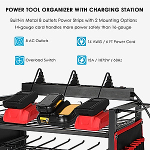 ElecVoztile Power Tool Organizer Cart w/Charging Station, 8 AC Outlets, 8 Drills Holders, 3-Layer Storage Shelves, 4 Wheels w/Brake, More Space for Plier, Screwdriver, Hammer, Wrench, etc (Black)