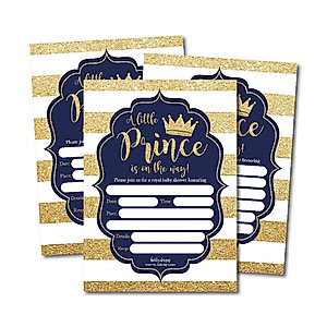 Hadley Designs - 25 Little Prince Baby Shower Invitations, 25 Baby Shower Diaper Raffle Tickets For Baby Shower Boy, Navy & Gold Fill or Write in Card, Diaper Raffle Cards
