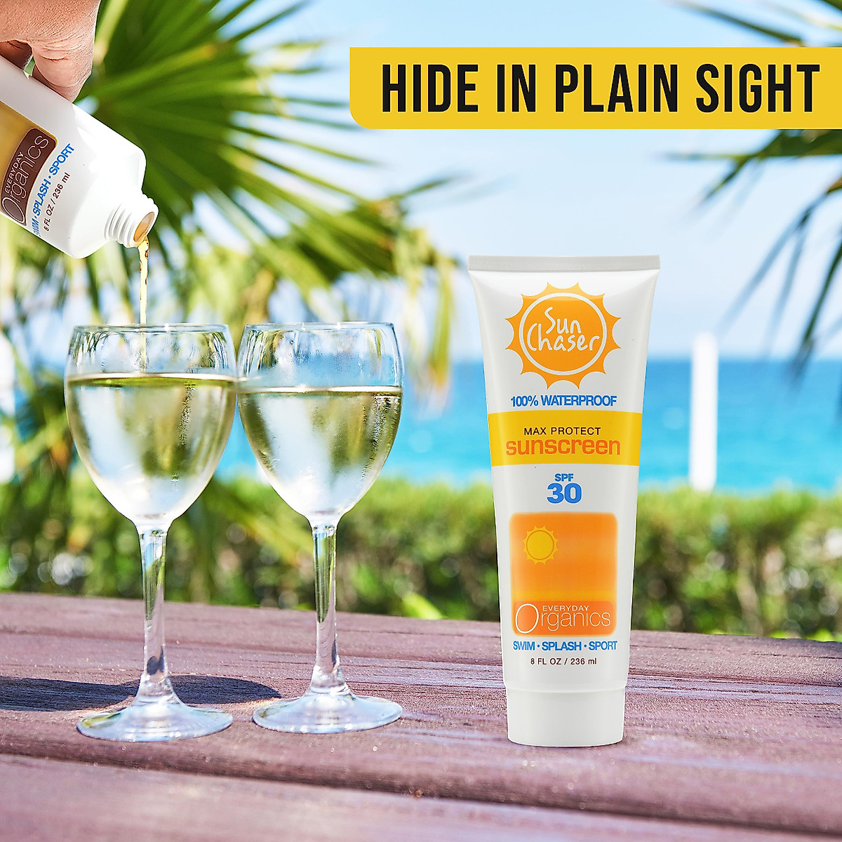 Smuggler's Delight Sunscreen Hidden Alcohol Flask for Cruise Ships & Concerts, Bronzing Oil & Sunscreen Flasks for Hidden Liquor, Set of Four 8oz Bottles, 32oz Total