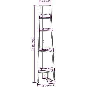 vidaXL 5-Tier Corner Storage Shelf - Black Steel Frame Bookcase for Living Room, Bedroom, Office - 17.9"x12.4"x70.9" Size